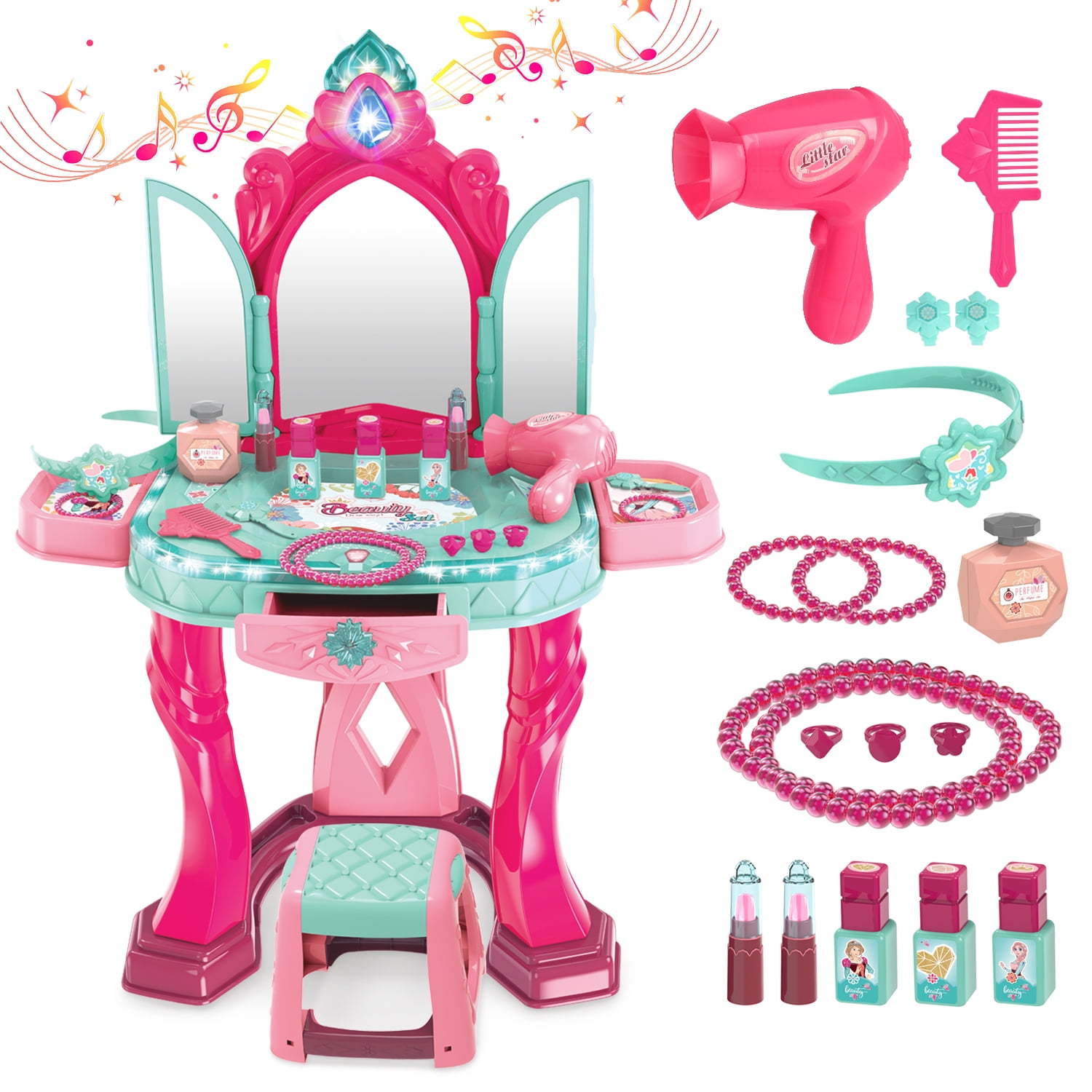 Flooyes Kids Vanity Set with Mirror and Stool, Pretend Play Girls ...