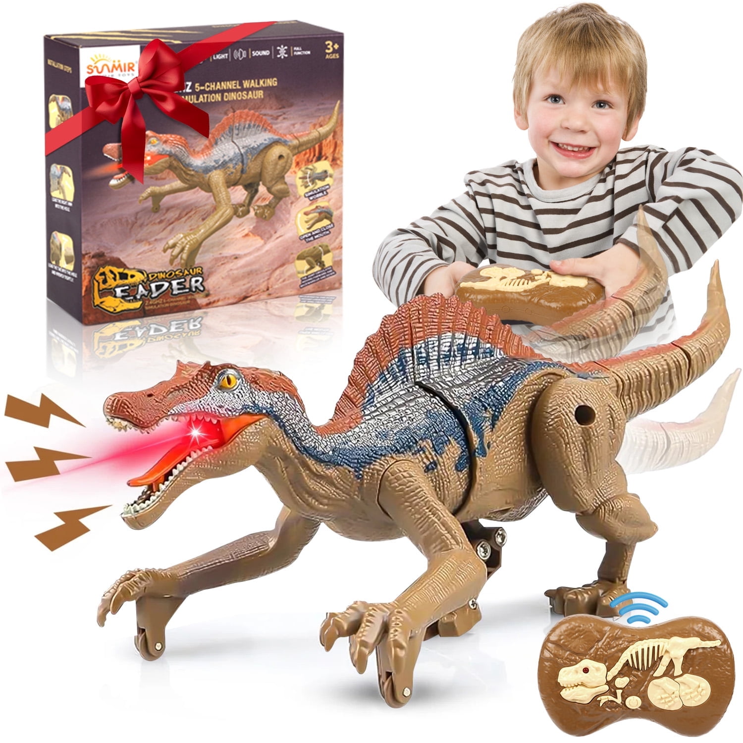 Flooyes Remote Control Dinosaur Toys for Boys, 2.4G RC Dinosaur Robot with Light Sound, Kids Boy ...