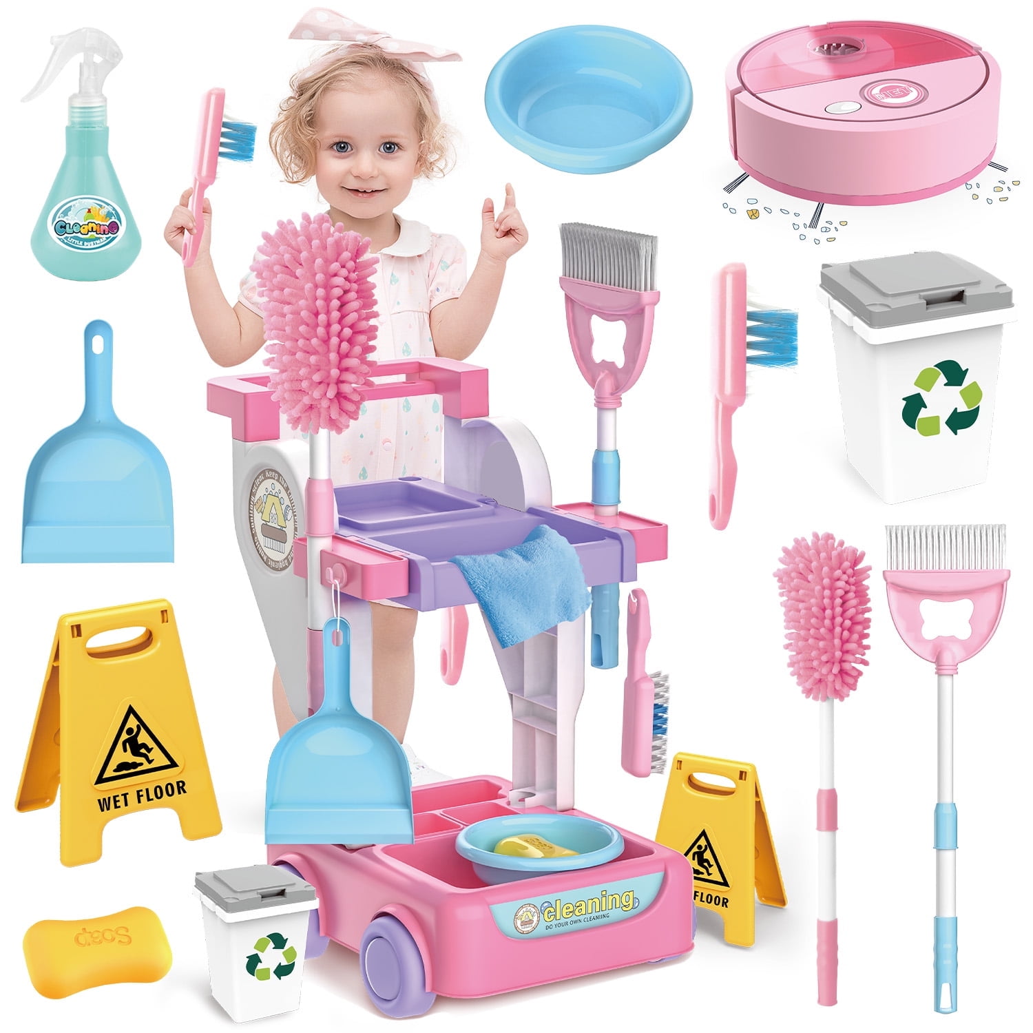 Flooyes Kids Cleaning Toys Set, 22pcs Pretend Play Housekeeping Cart ...
