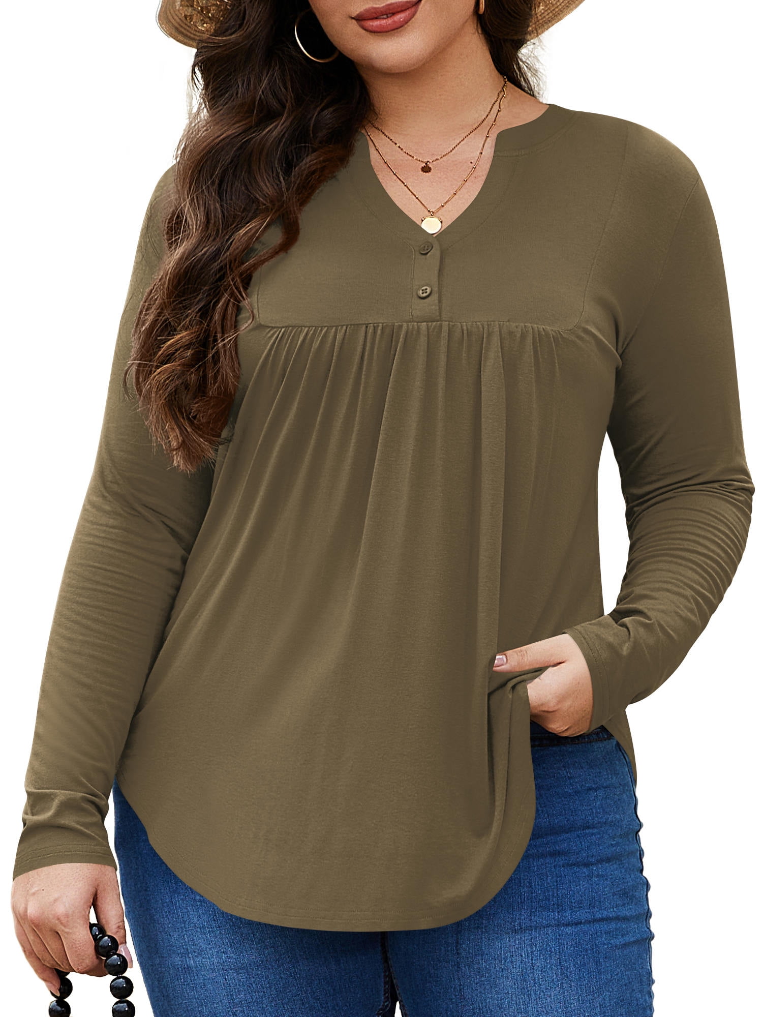 FlorCurve Plus Size Henley Shirts for Women Long Sleeve V Neck Tunic ...