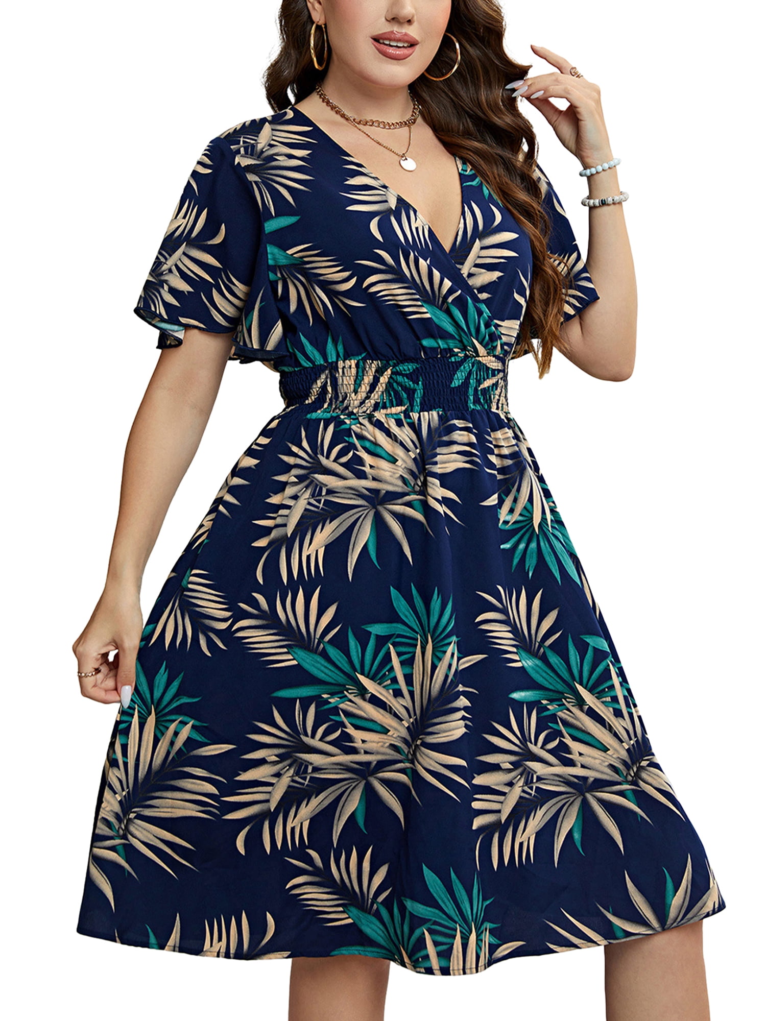 FlorCurve Plus Size Dresses for Women Short Sleeve Surplice V Neck Midi ...