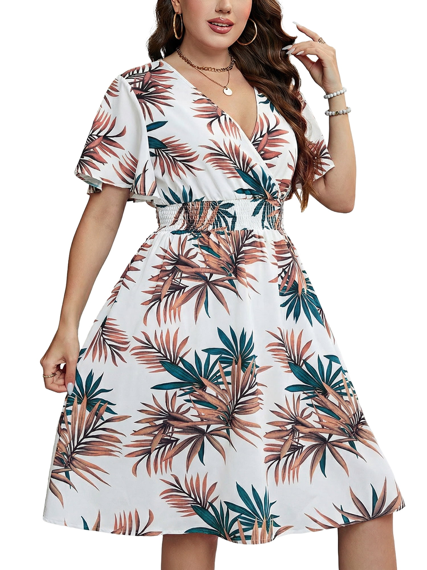 FlorCurve Plus Size Dresses for Women Short Sleeve Surplice V Neck Midi ...