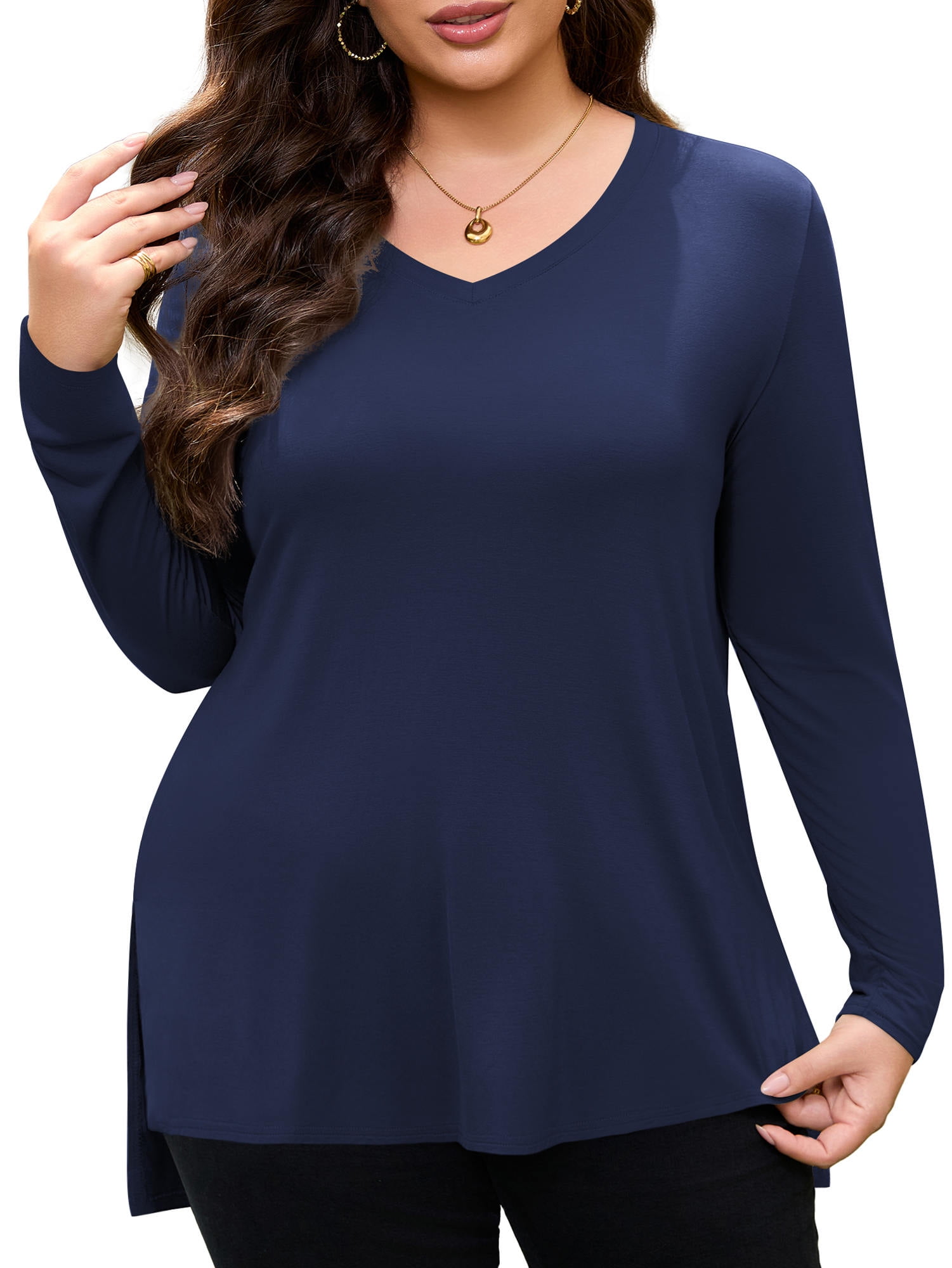 FlorCurve Blouse for Women Plus Size Long Sleeve Tee V Neck Tops Side ...