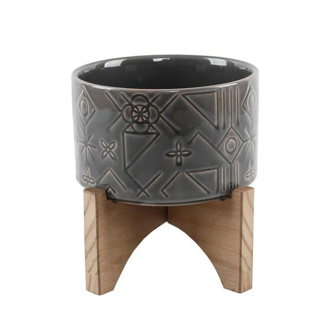 Flora Bunda 5' Pinwheel Ceramic Planter on Wood Stand,Glass Charcoal ...