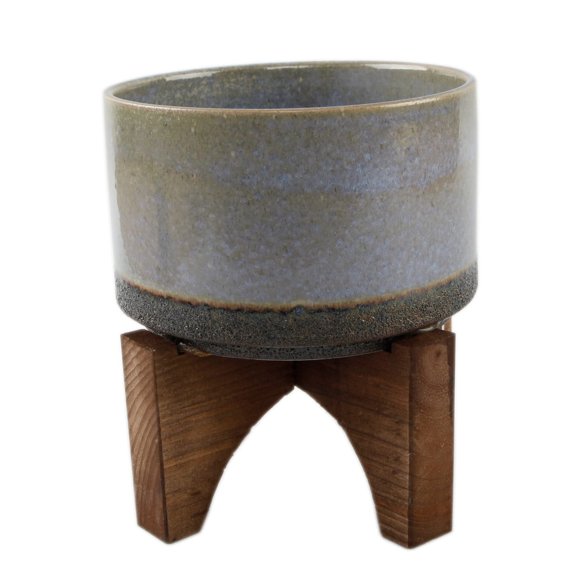 Flora Bunda Mid Century 7 inch Lava Ceramic on Wood Stand, Blue ...