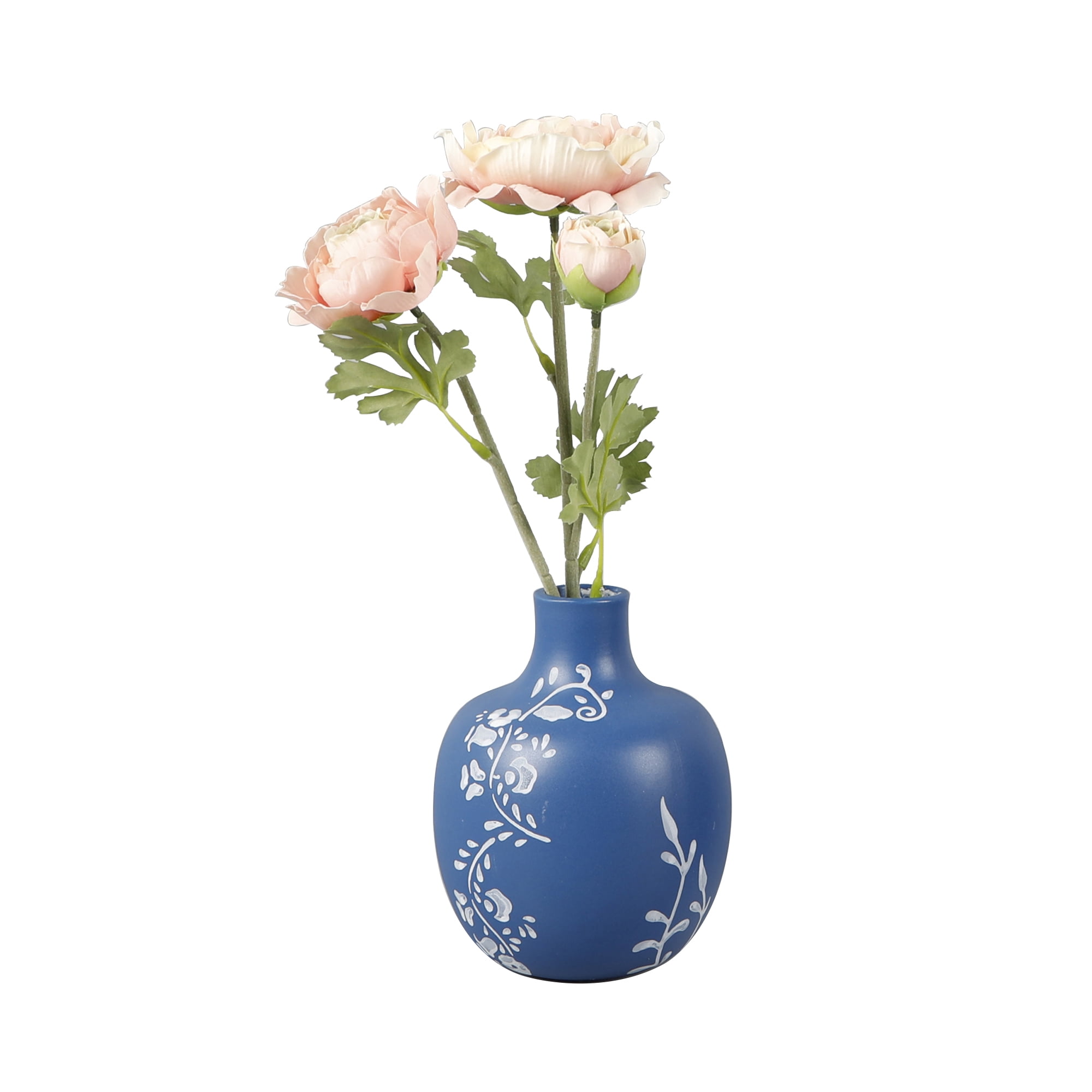 Flora Bunda Tabletop 13" Artificial Blue Flower Pattern Ceramic w Pink ...