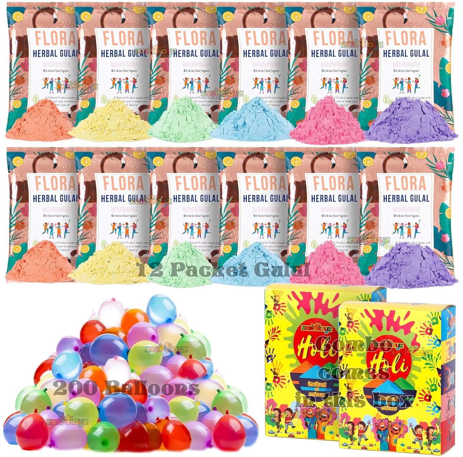 Flora Herbal Holi Gulal Combo For Kids - 200 Pcs Water Balloon, 12 ...