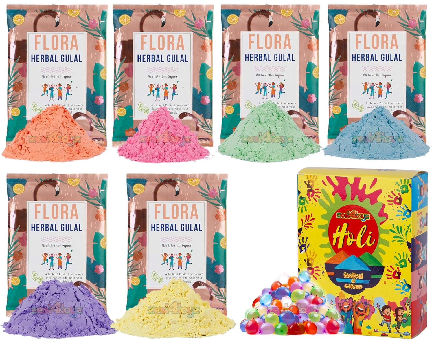 Flora Herbal Holi Gulal Combo For Kids - 200 Pcs Water Balloon, 6 Gulal ...
