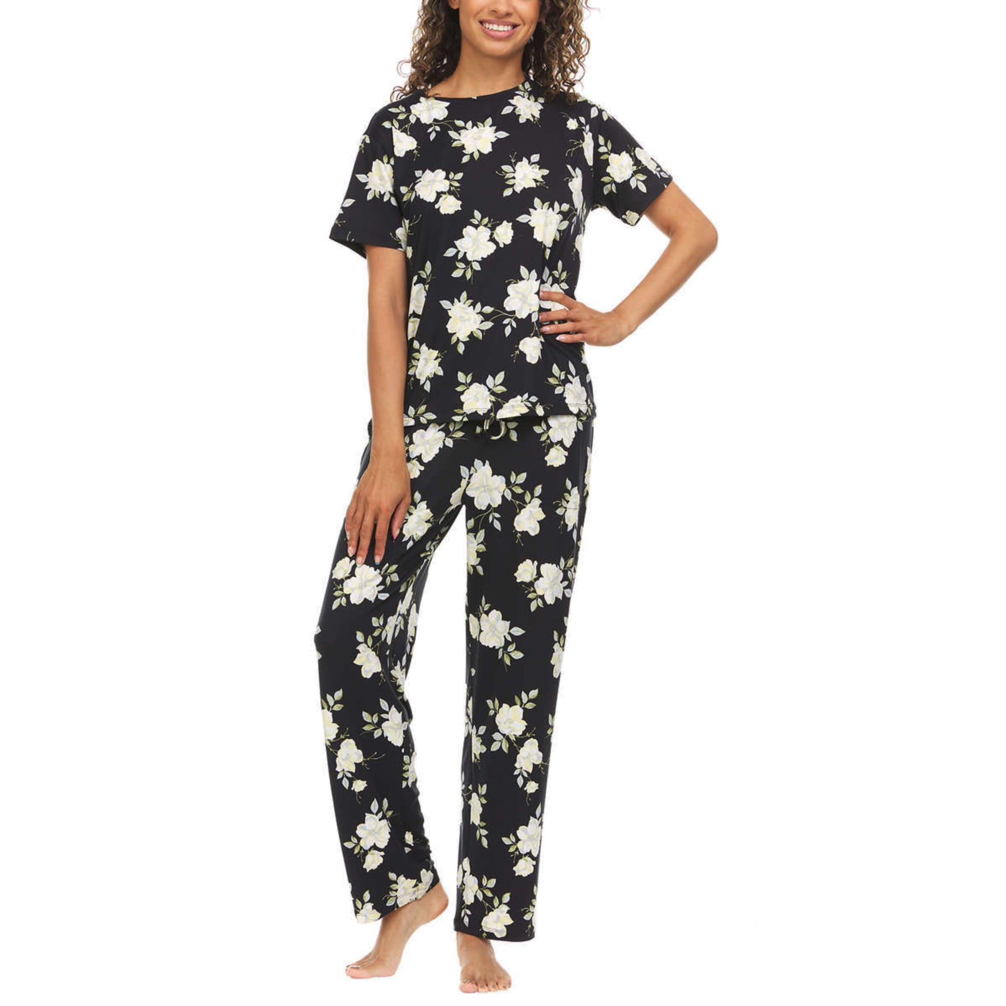 Flora Nikrooz Womens Pajamas Black Floral PJ Set 2-Piece Crewneck ...