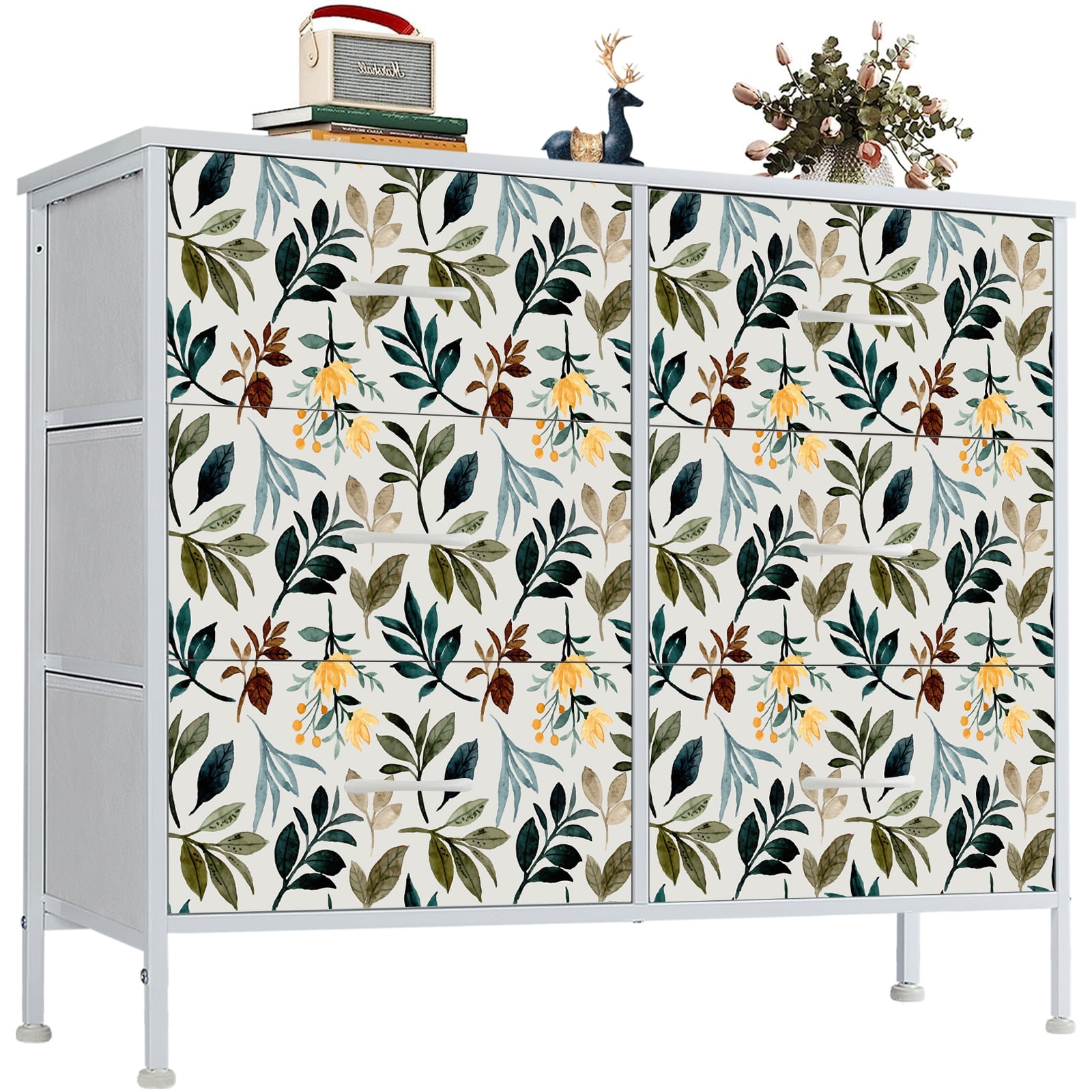 Flora Print Fabric Dresser 6-Drawer Storage Customizable Organizer Tower with Wood Top & Metal ...