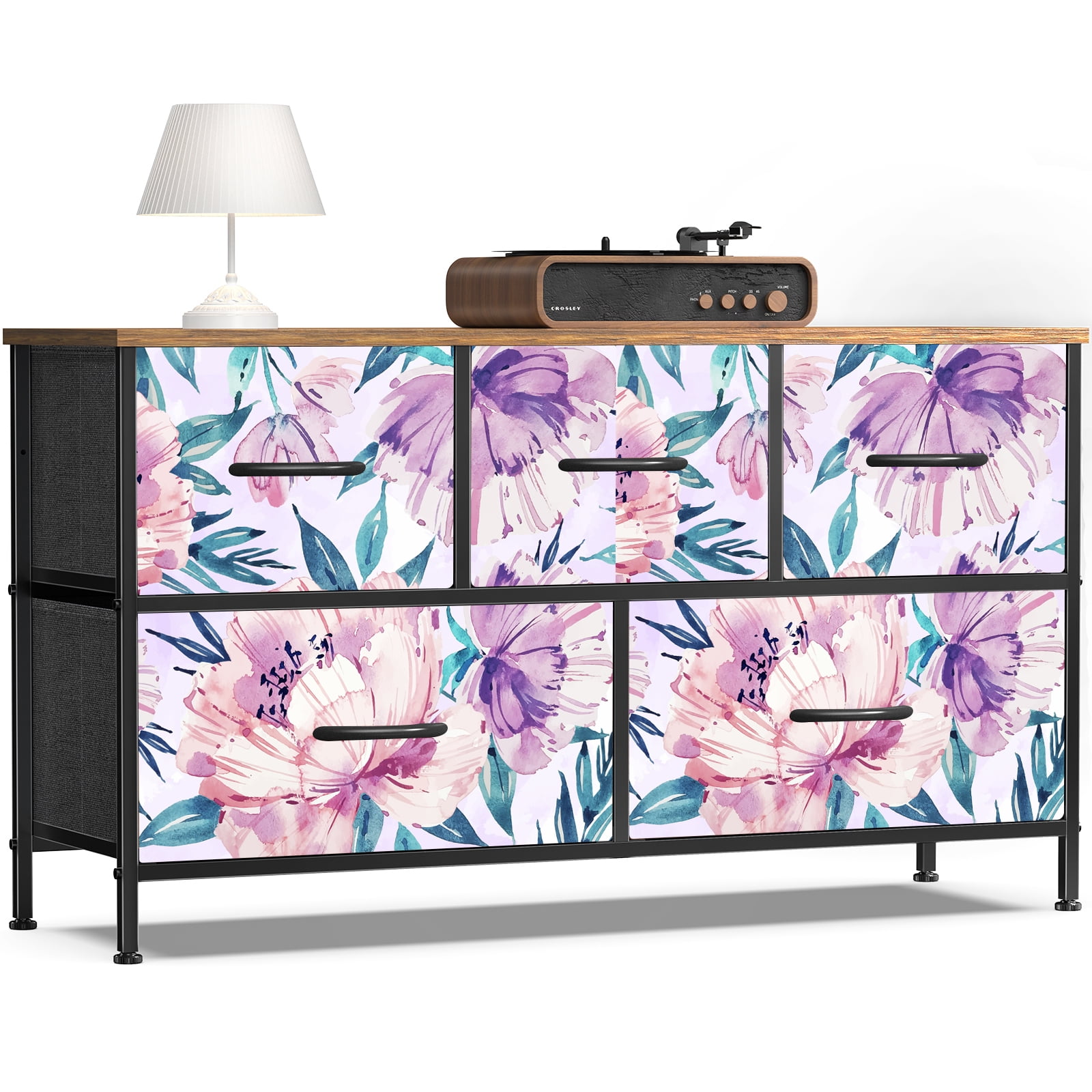Flora Print Fabric Dresser 5-Drawer Storage Customizable Organizer Tower with Wood Top & Metal ...
