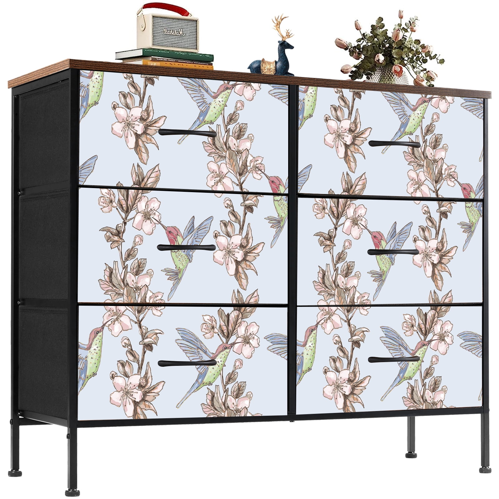 Flora Print Fabric Dresser 6-Drawer Storage Customizable Organizer Tower with Wood Top & Metal ...