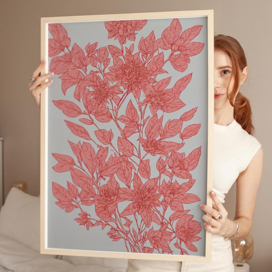 Flora In Silico Botanical Digital Art Print, Red Monochrome Flower ...