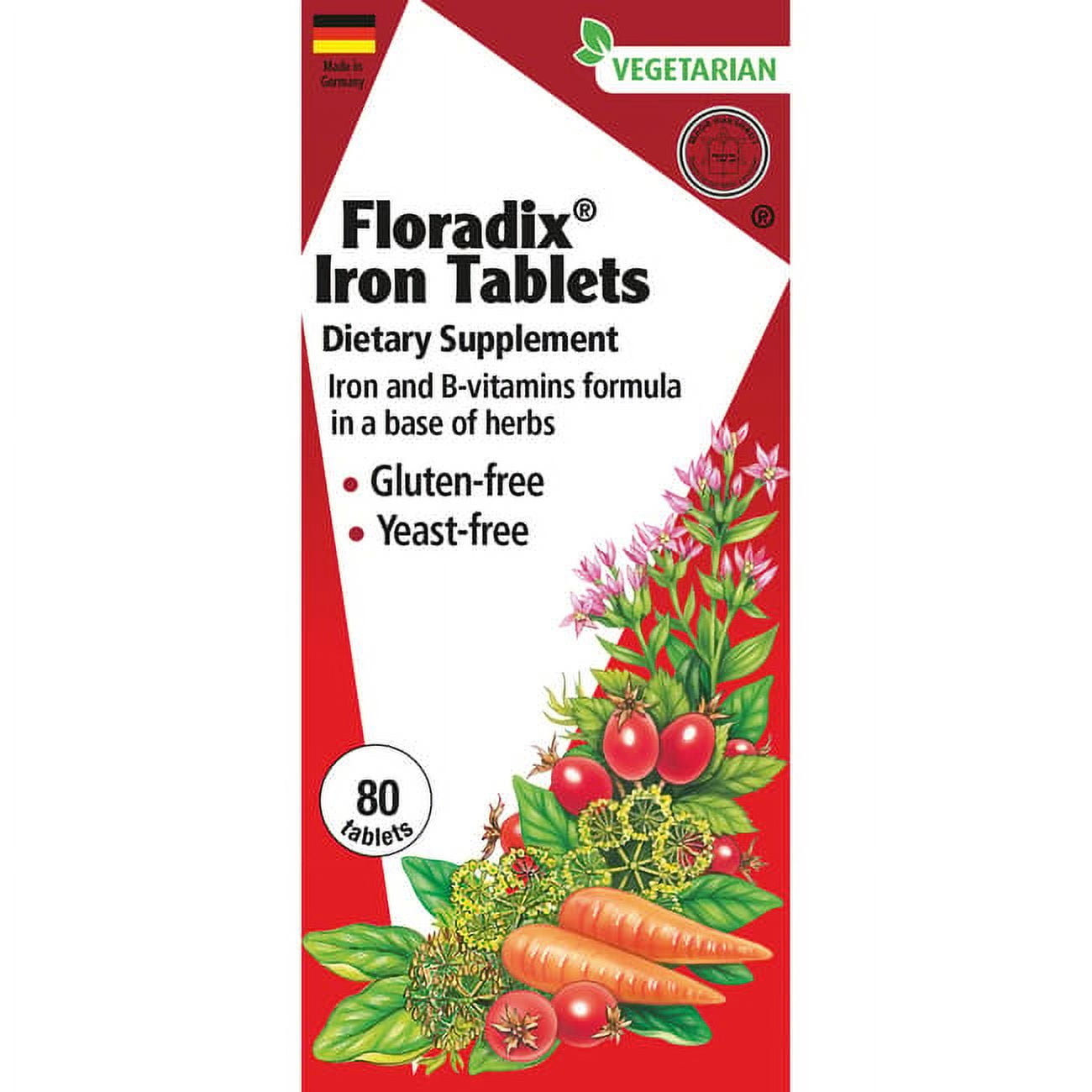 Floradix Iron Tablets - Vegan, Gluten-Free, Yeast-Free, 80 Count ...