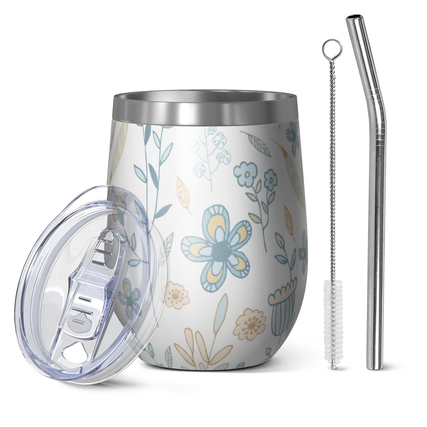 Floral 12oz Stainless Steel Insulated Wine Tumbler with Lid and Straw ...