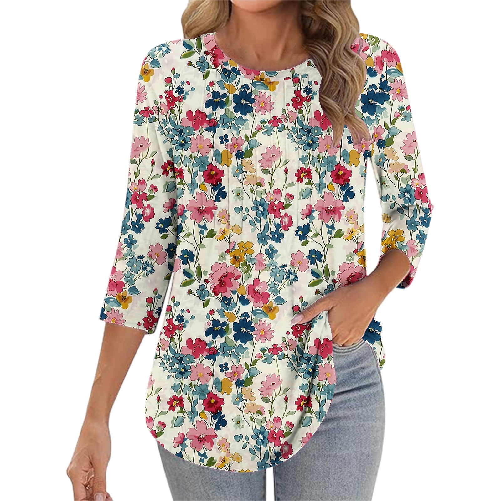 Floral 3/4 Length Sleeve Womens Tops Round Neck Long Sleeve Tunic Top ...