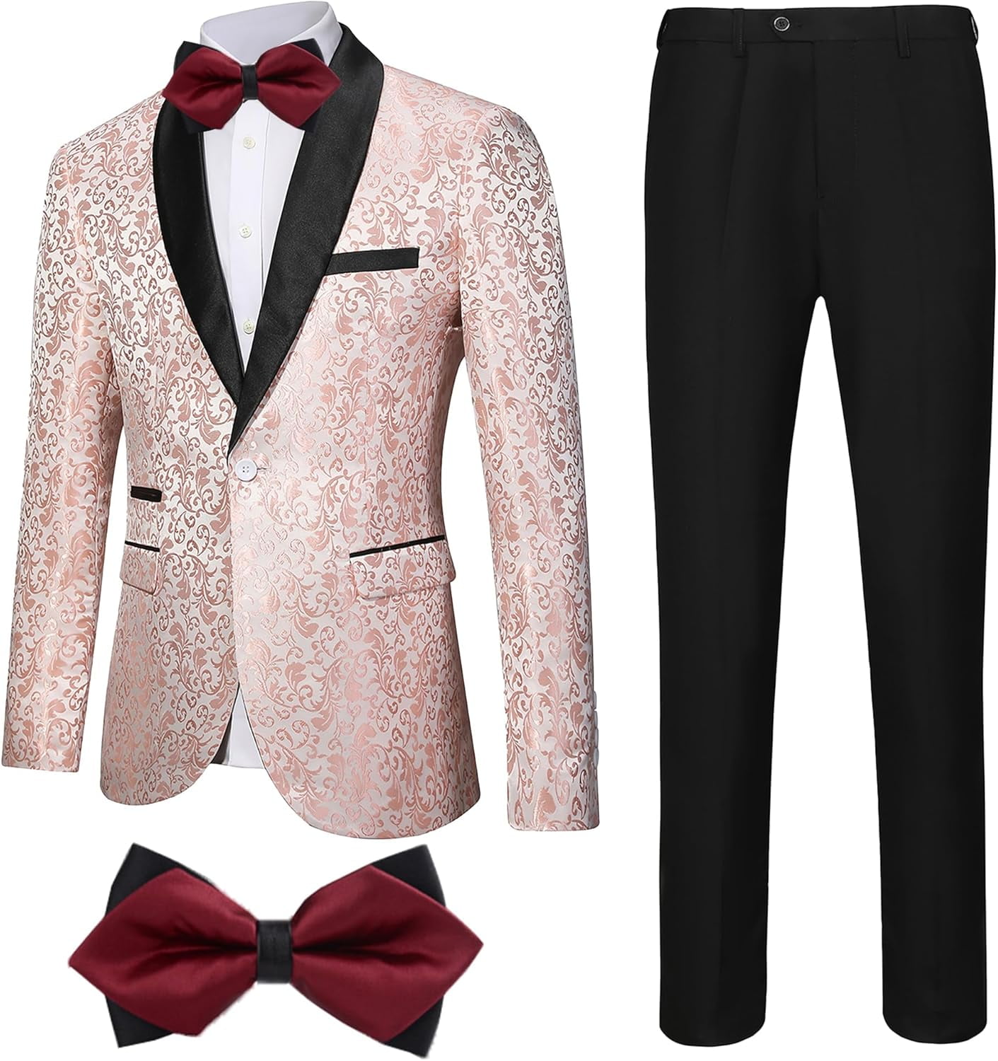 Floral 3 Piece Tuxedos Suits for Men Jacquard Tailored Fit Bow Tie Suits One Button Jacket Pants ...