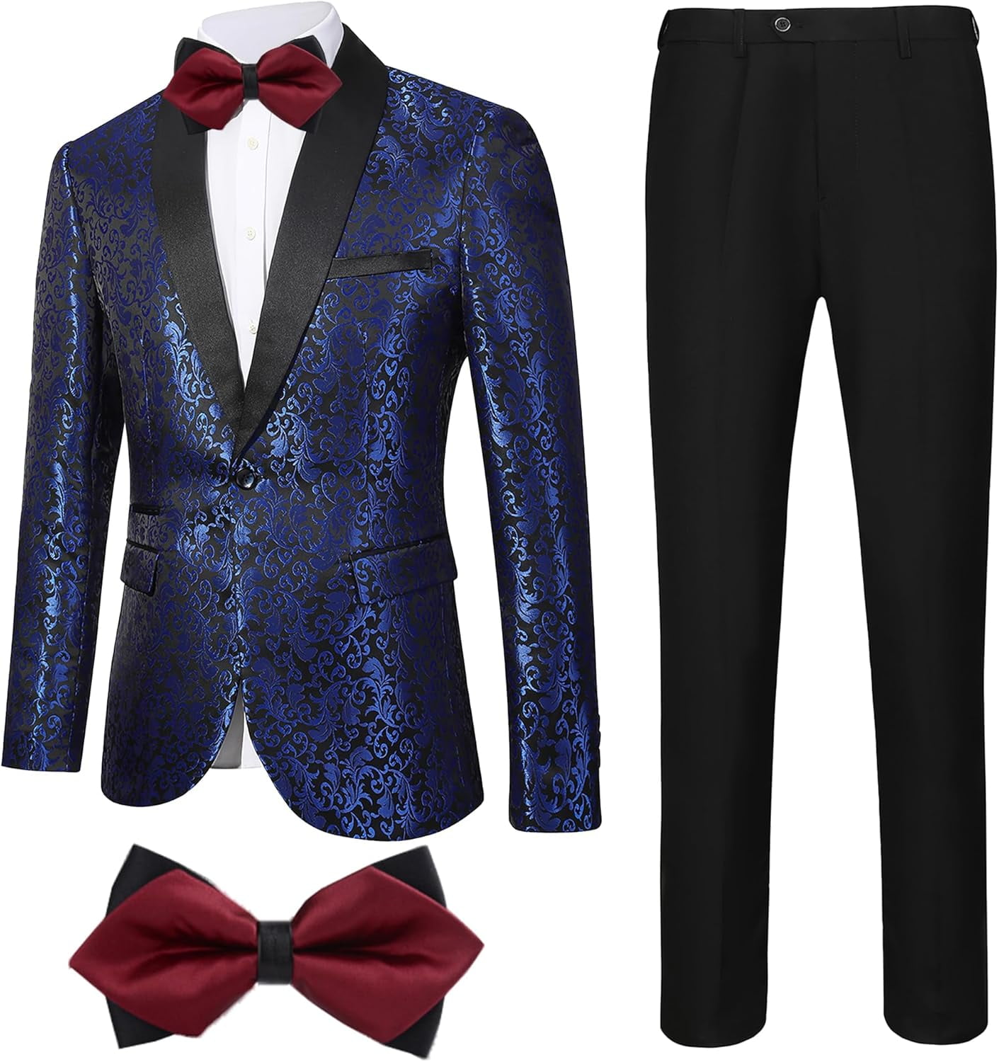 Floral 3 Piece Tuxedos Suits for Men Jacquard Tailored Fit Bow Tie Suits One Button Jacket Pants ...