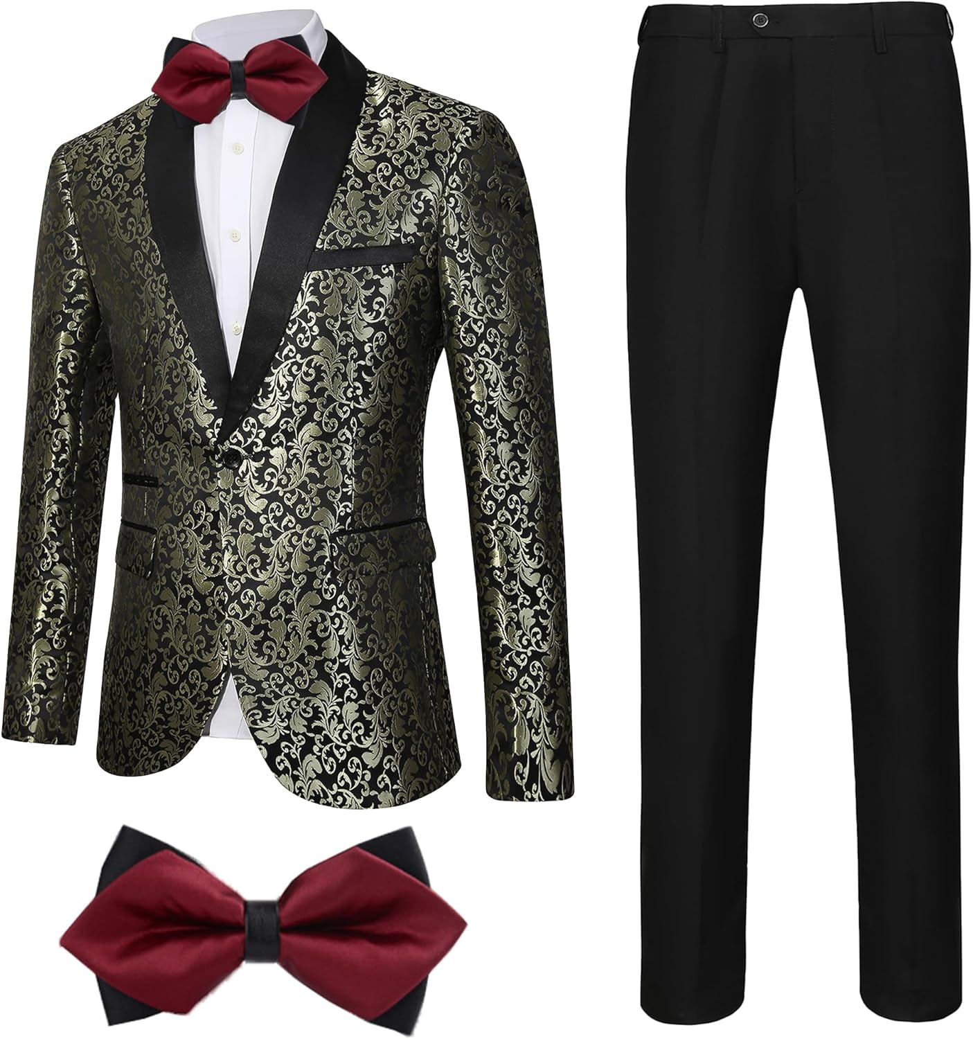 Floral 3 Piece Tuxedos Suits for Men Jacquard Tailored Fit Bow Tie Suits One Button Jacket Pants ...