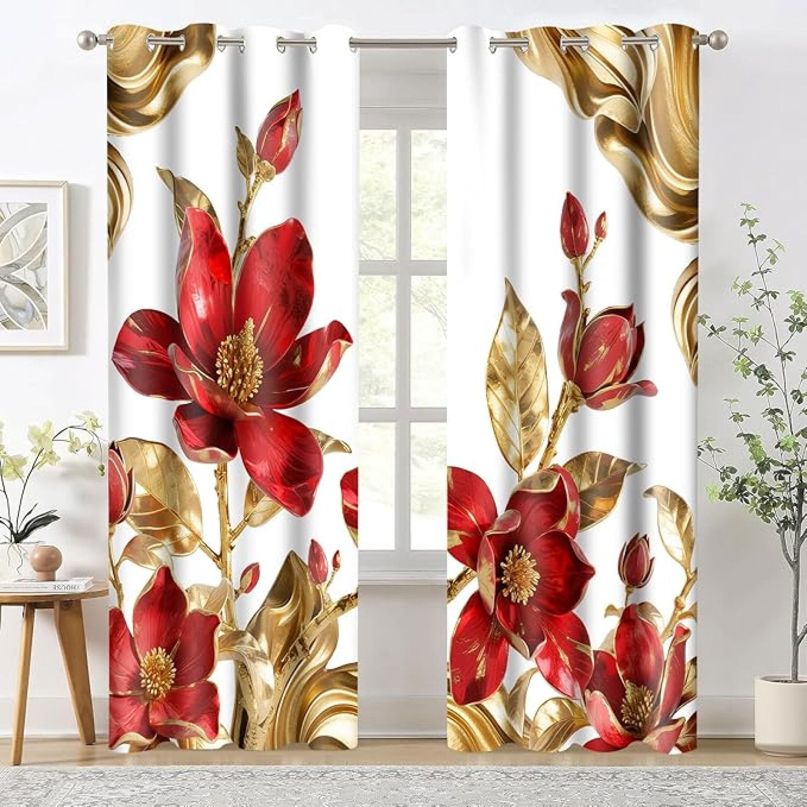 Floral 3D Curtains Abstract Red Gold Flower Blackout Curtains Luxury ...