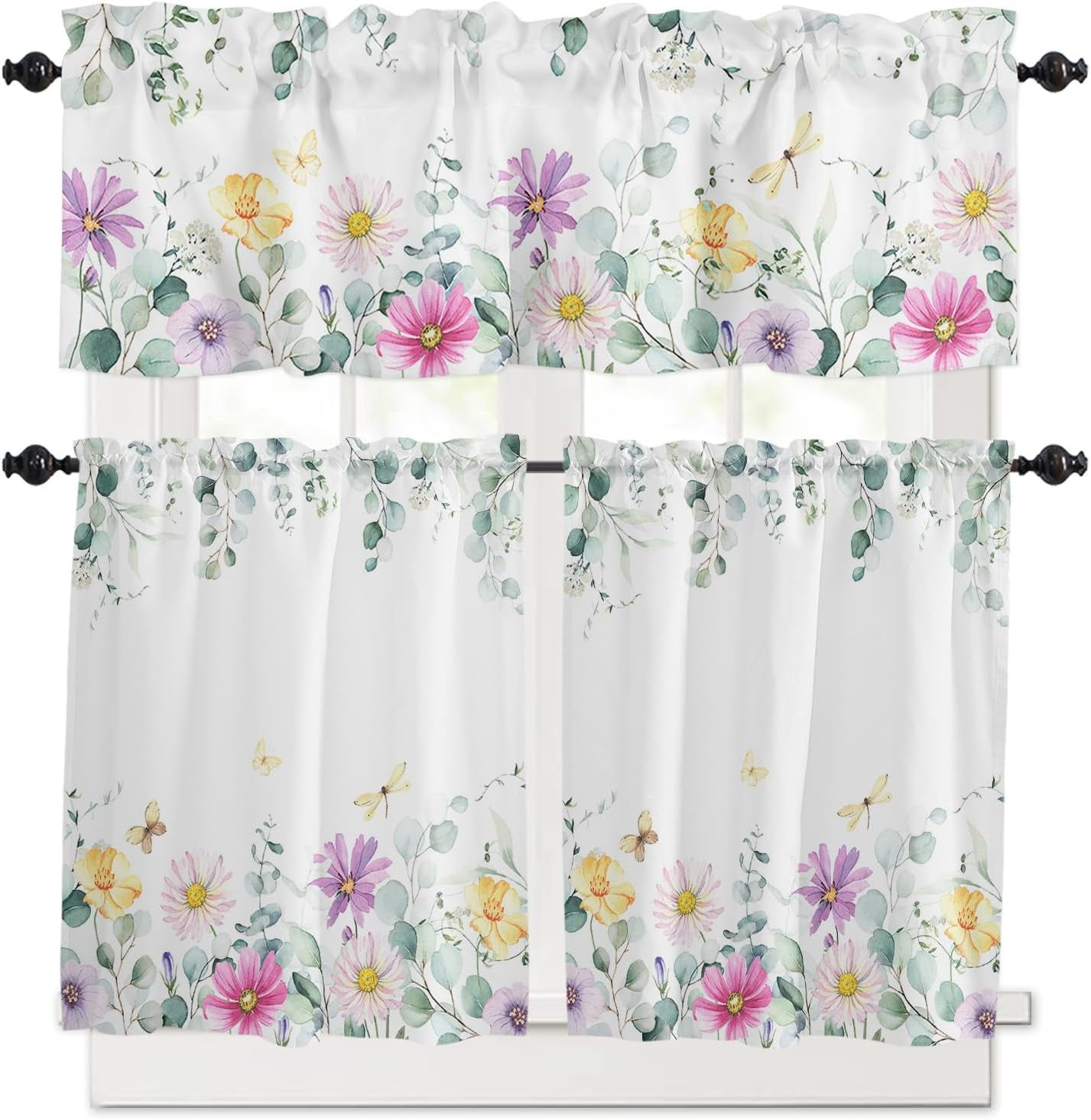 Floral 3pcs Kitchen Curtain Valance and Tiers Set, Small Window Valance ...