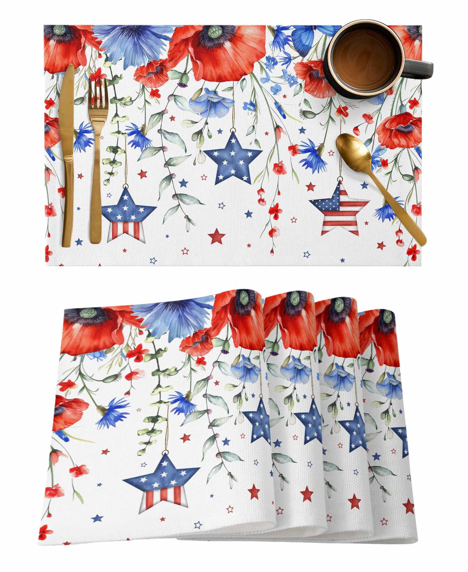 Floral 4th of July Placemats for Dining Table Set of 6, Washable ...