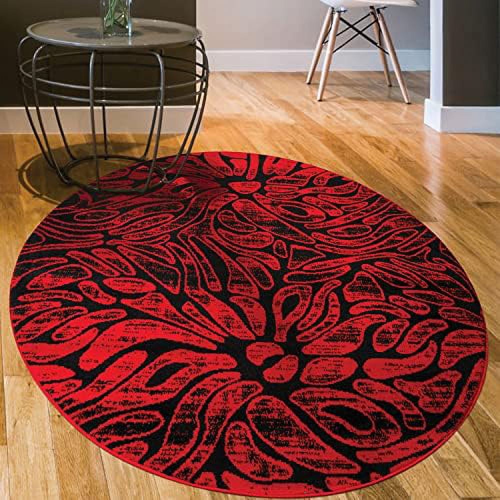 Floral 5X5 Abstract Indoor Round Area Rug Siesta (Red Black, 5'3" Round ...