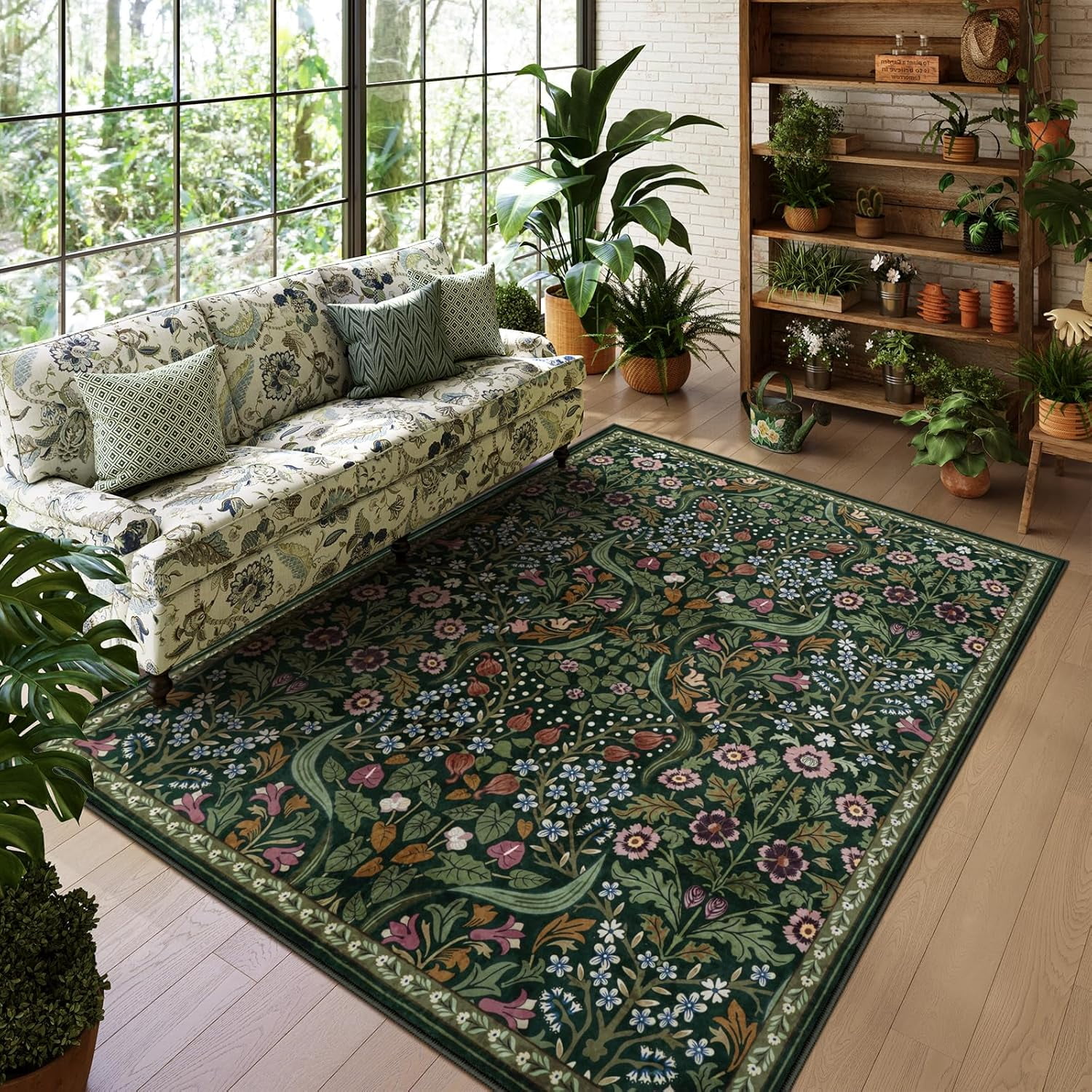 Floral 5x7 Living Room Rugs, Green Machine Washable Area Rugs for ...