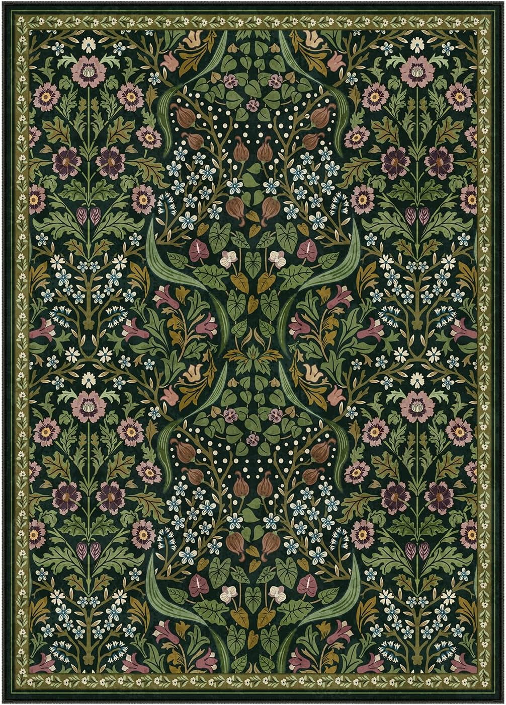 Floral 5x7 Washable Living Room Rugs, Green Area Rugs for Bedroom ...