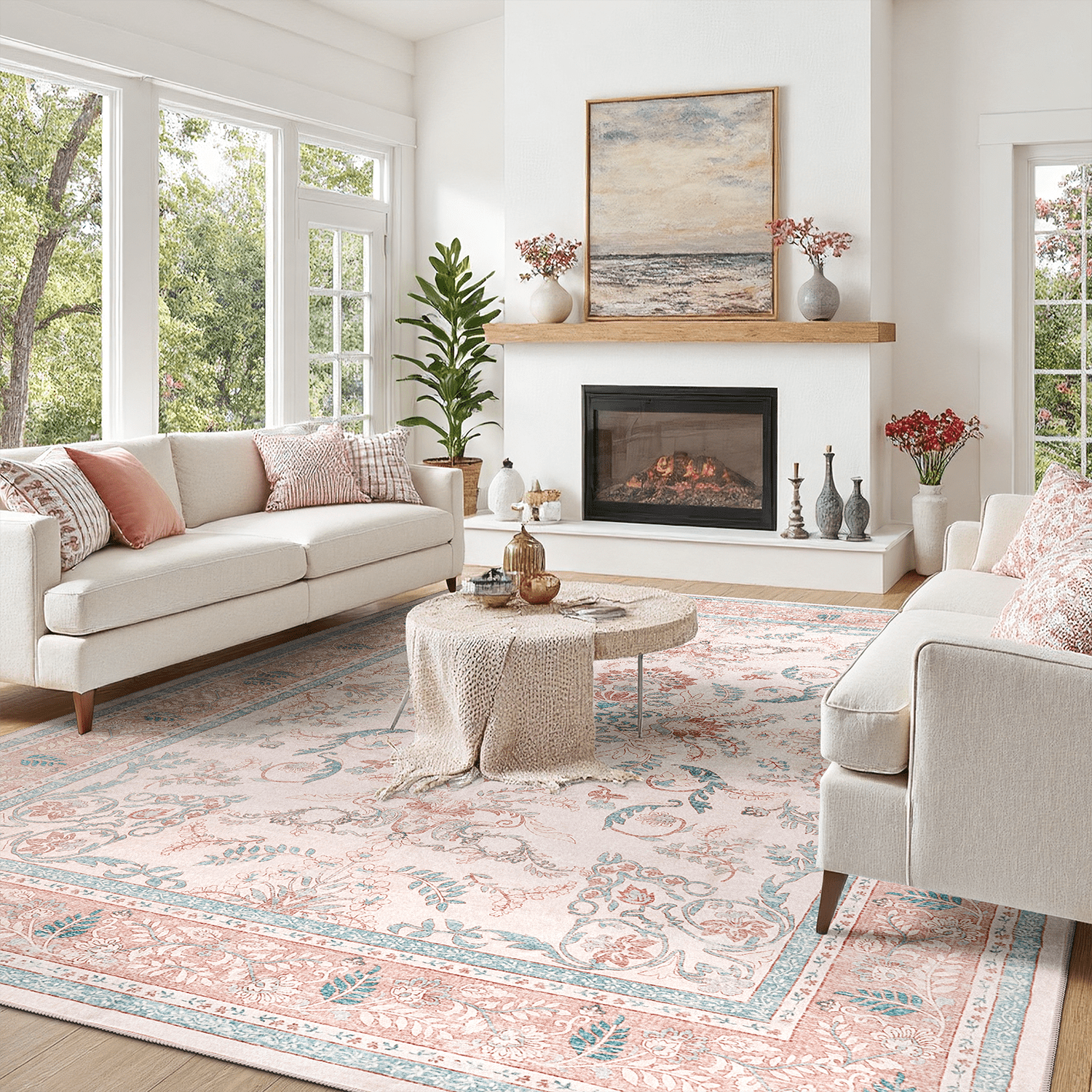 Floral 8x10 Area Rug, Machine Washable, Soft Vintage Floral Rug Non ...