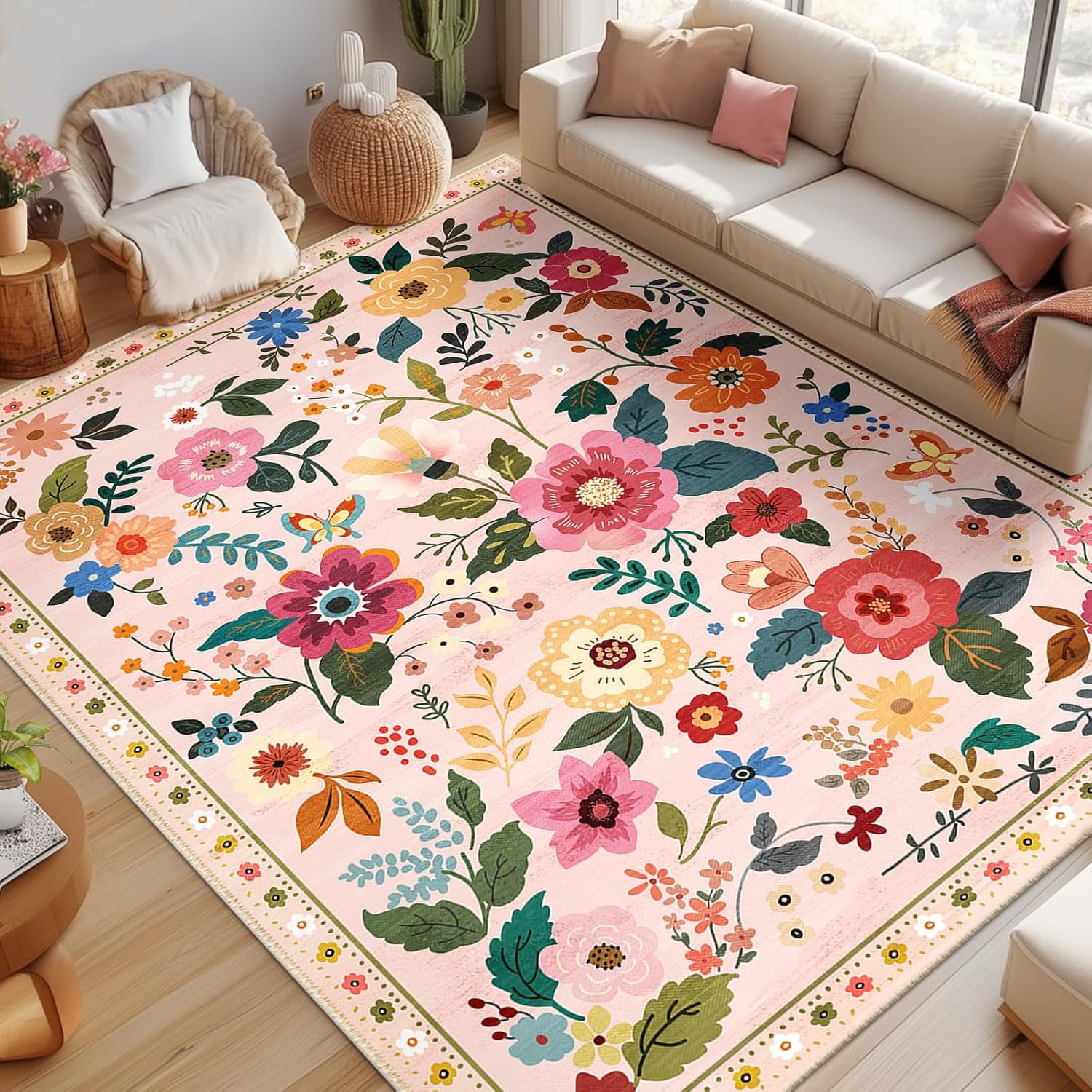Floral 9x12 Area Rug Machine Washable Soft Print Boho Carpet Non Slip ...