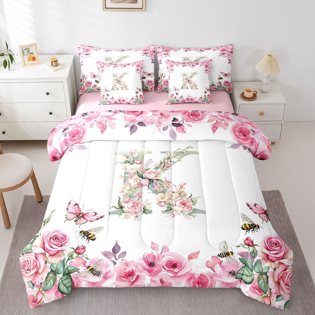 Floral A-Z 7 Pieces Bedding Set Initial Letter Queen Comforter Set with ...