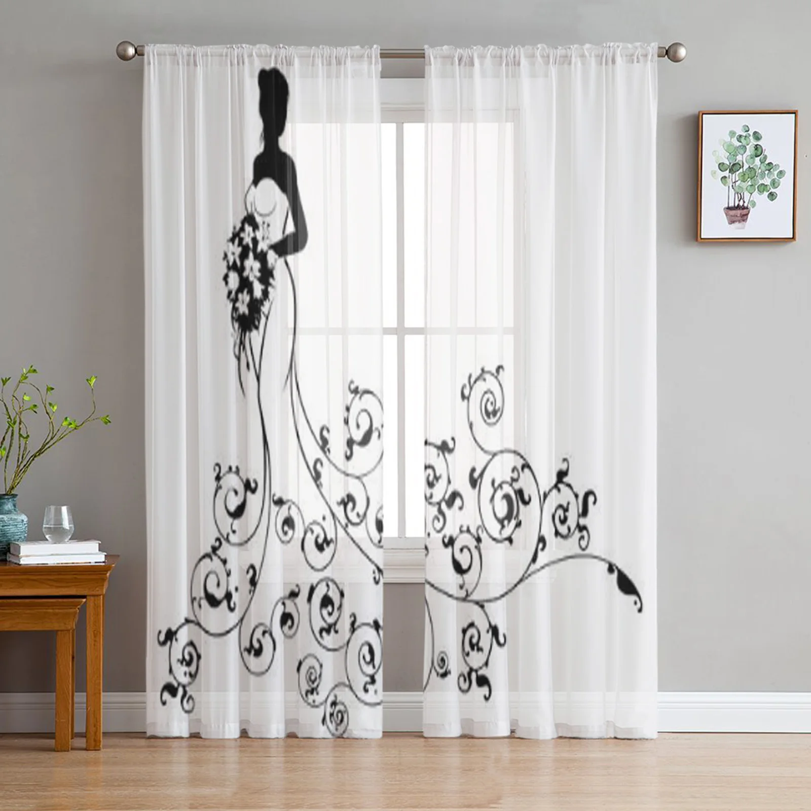Floral Abstract Black And White Tulle Curtains For Living Room Sheer ...