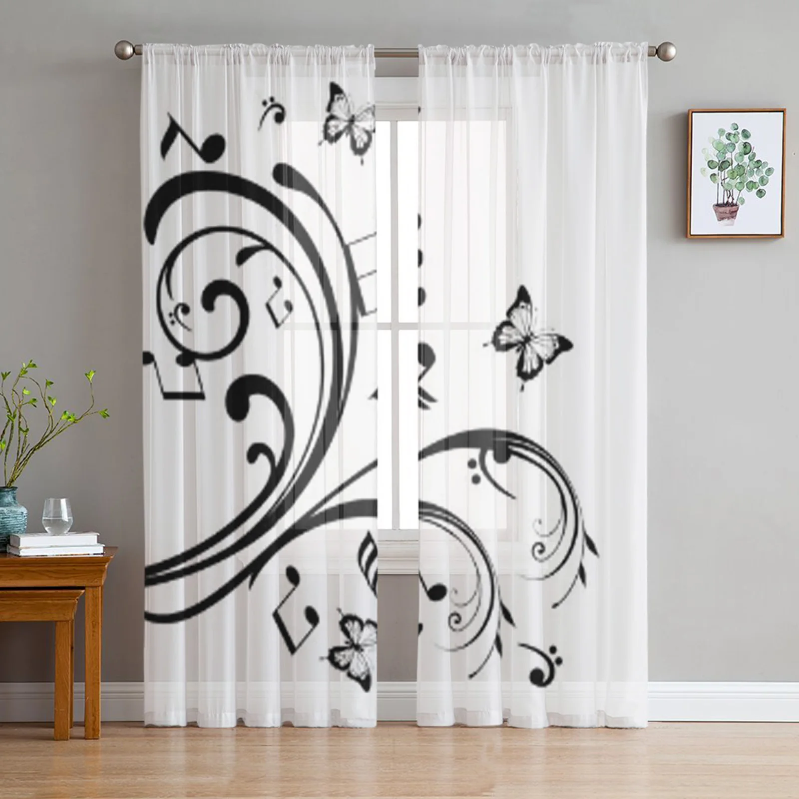 Floral Abstract Black And White Tulle Curtains For Living Room Sheer ...