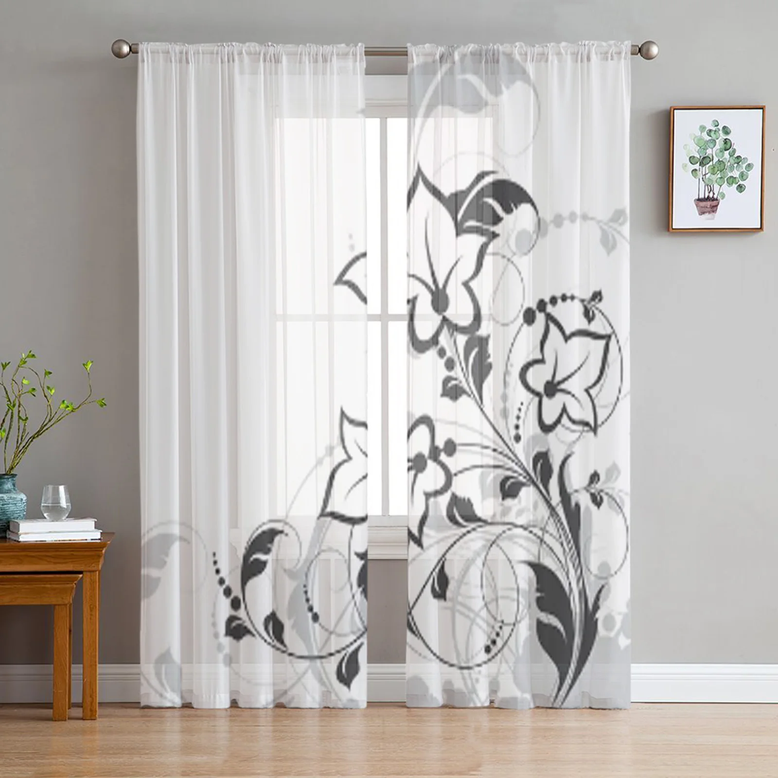 Floral Abstract Black And White Tulle Curtains For Living Room Sheer ...