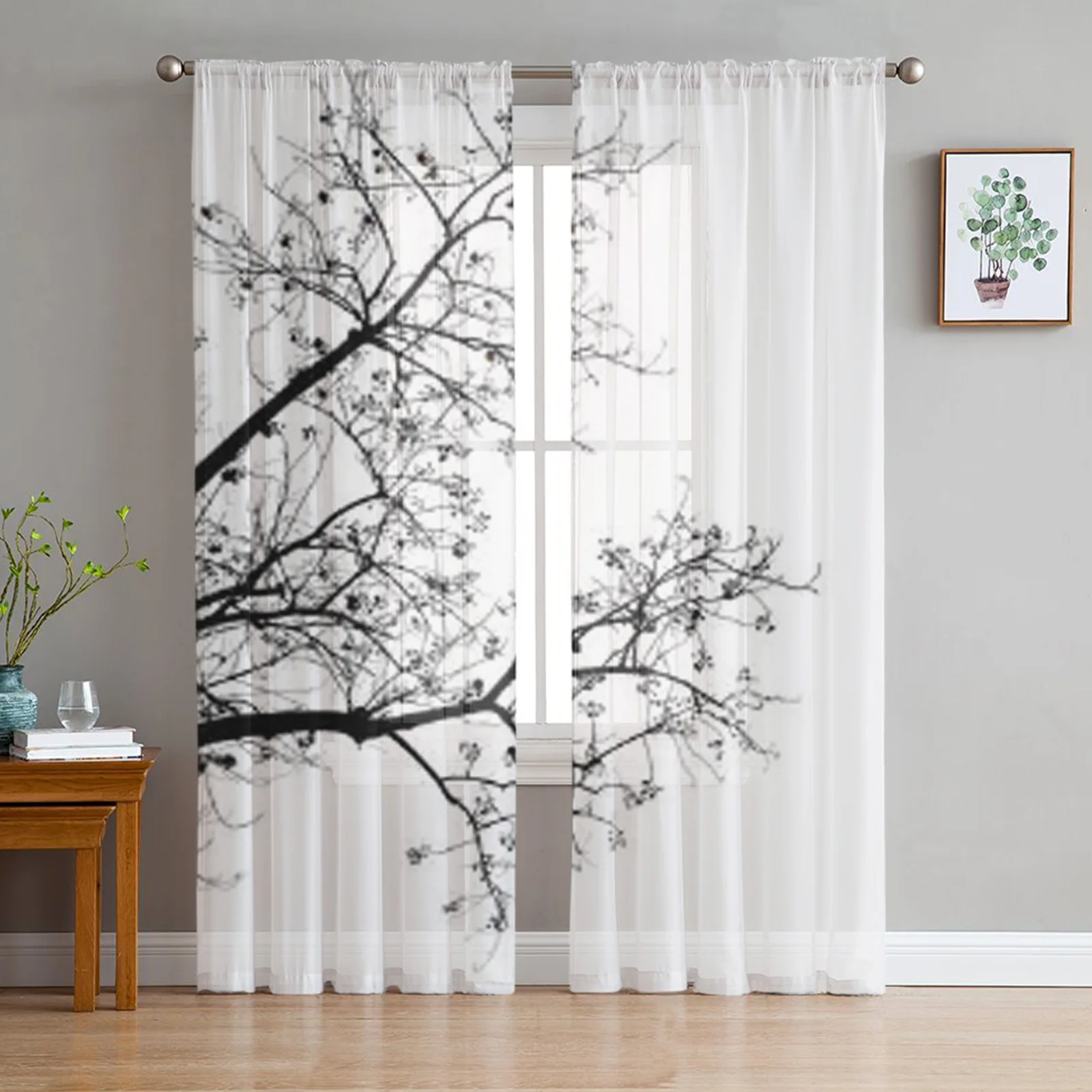 Floral Abstract Black And White Tulle Curtains For Living Room Sheer ...