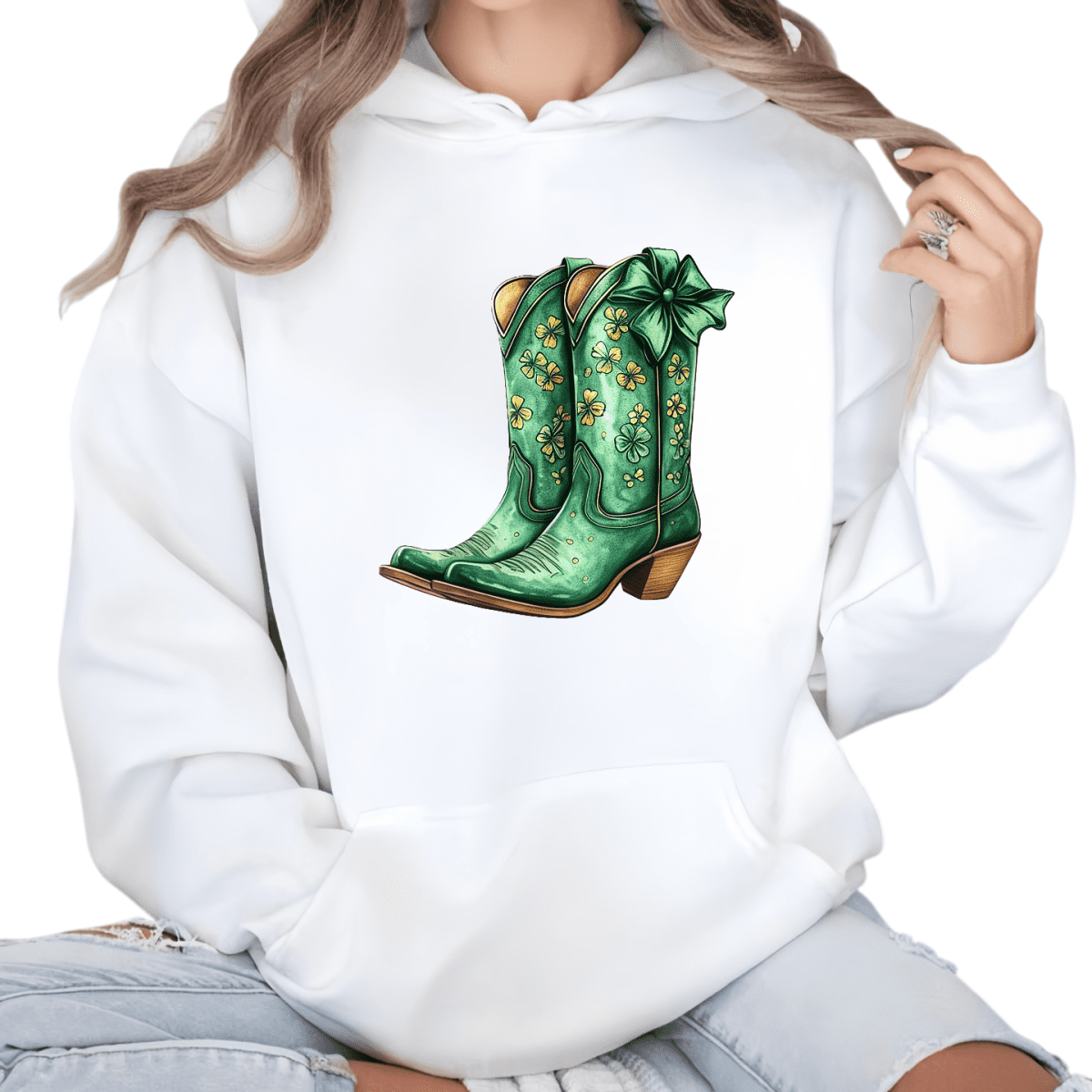 Floral Accent Clover Green Cowboy Boots Bow St Patrick’s Print White ...