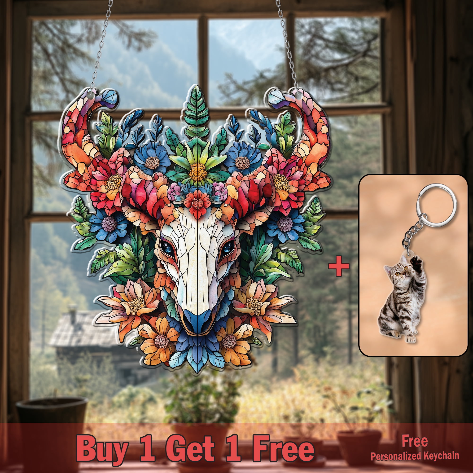 Floral Acrylic Deer Skull Window Hanging – Boho Sun Catcher for Home ...