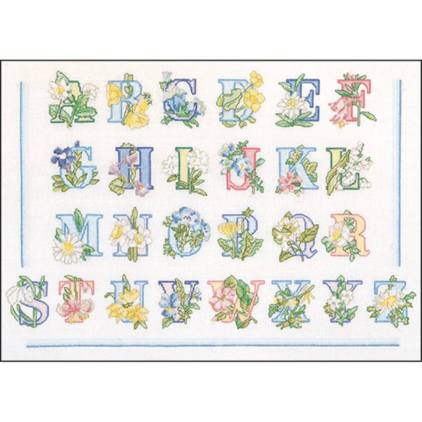Floral Alphabet On Aida Counted Cross Stitch Kit, 12.5" x 16.5", 18 ...