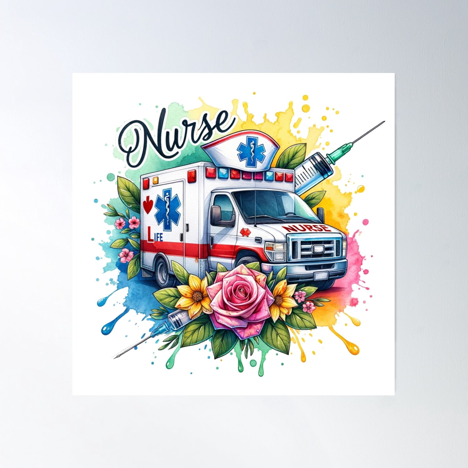 Floral Ambulance – Celebrating Nurse Life Poster Wall Art, Modern Wall ...