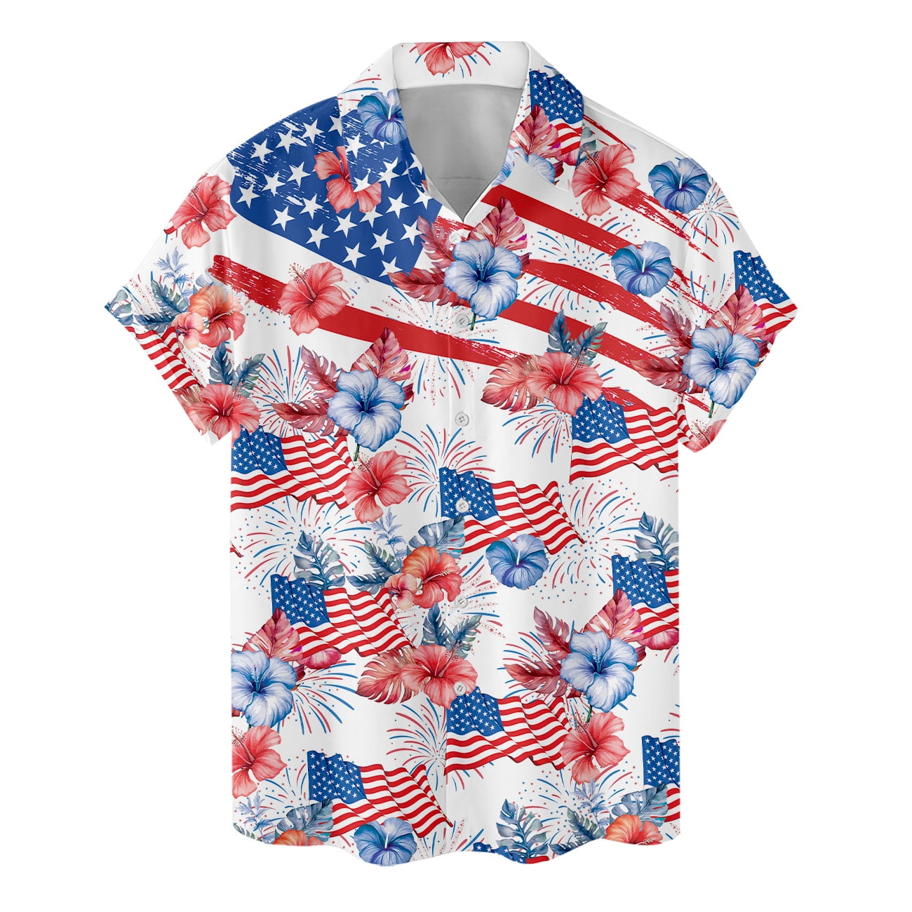 Floral American Flag Hawaiian Shirt For Men USA Aloha Flower Mens ...