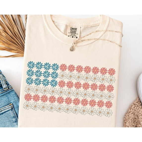 Floral American Flag Shirt, Daisy USA Flag Tee, 4th of July Patriotic ...