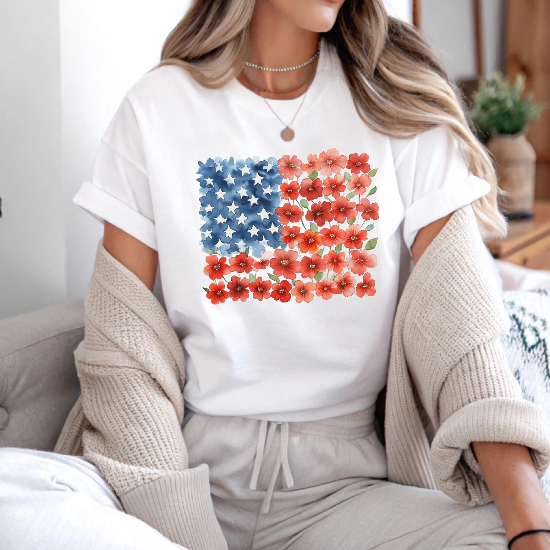 Floral American Flag Shirt Patriotic Flower T Shirt 4th of July Floral ...