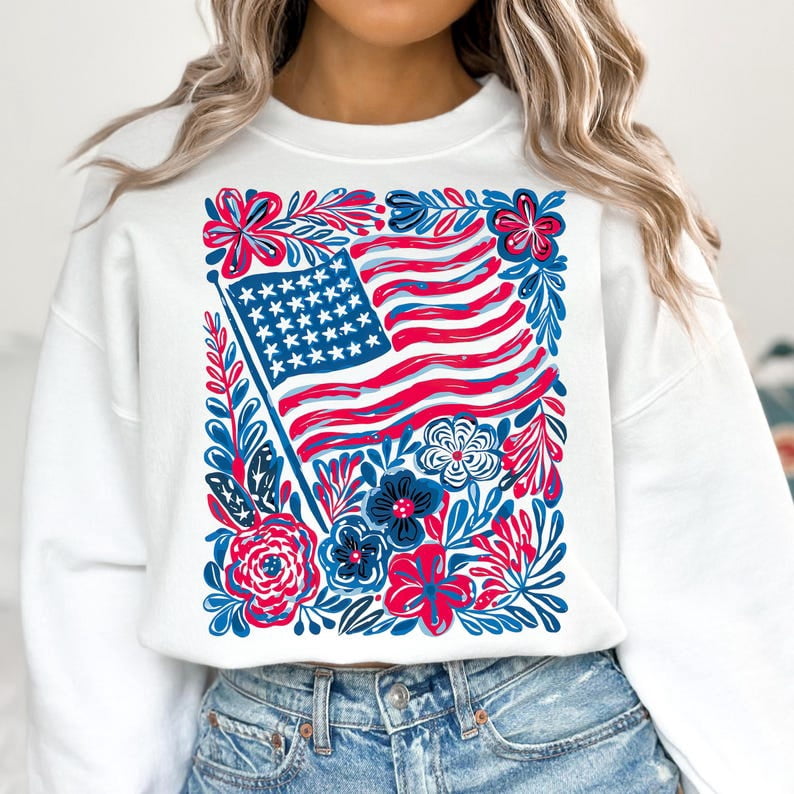 Floral American Flag Sweatshirt, Boho Red White and Blue Flowers Shirt ...