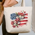 Floral American Flag Zippered Tote Bag, Red White Blue Flowers ...