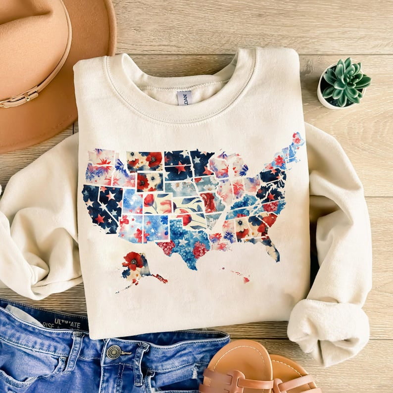 Floral American USA Map Sweatshirt, Coquette Style Patriotic Pullover ...