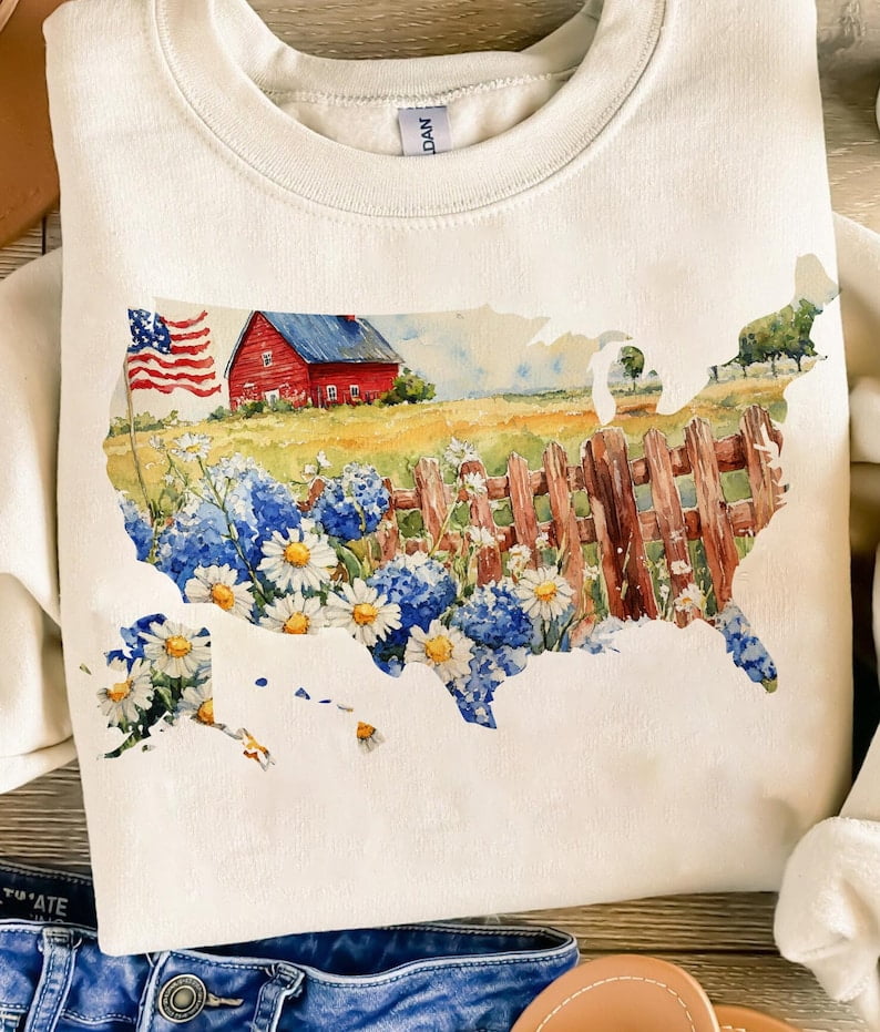 Floral American USA Map Sweatshirt, Retro 4th of July Crewneck ...