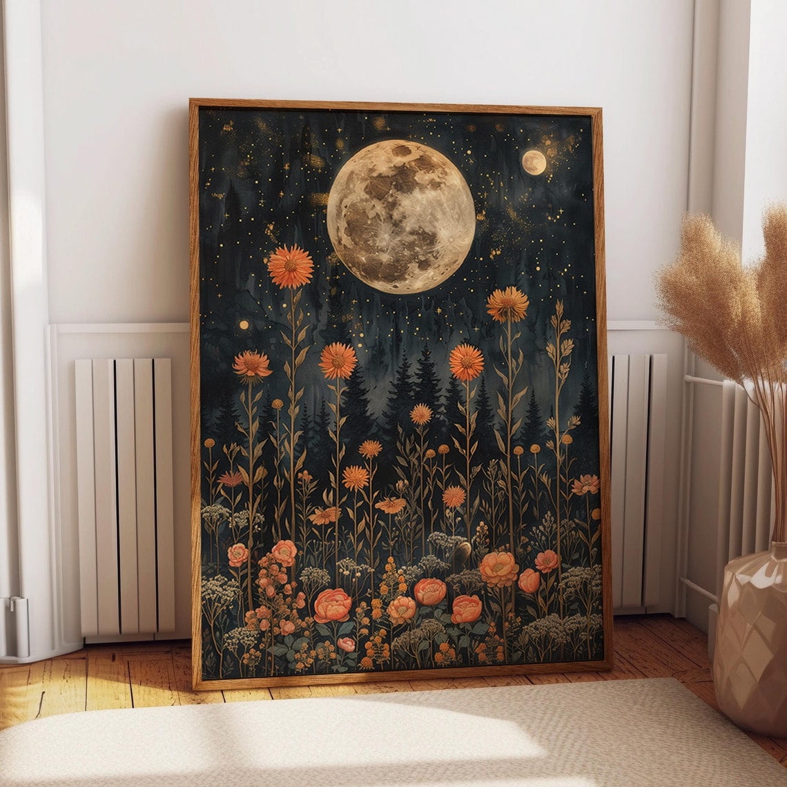 Floral And Moon Wall Art - Nightime Moonlit Garden Art Poster - Dark ...