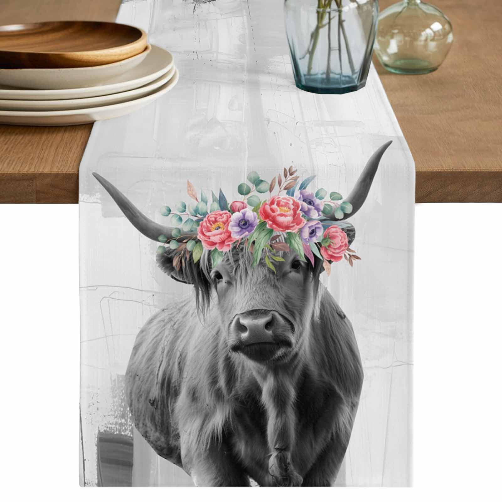 Floral Animal Table Runner 108 Inches, Grey Country Vintage Farm Cow ...