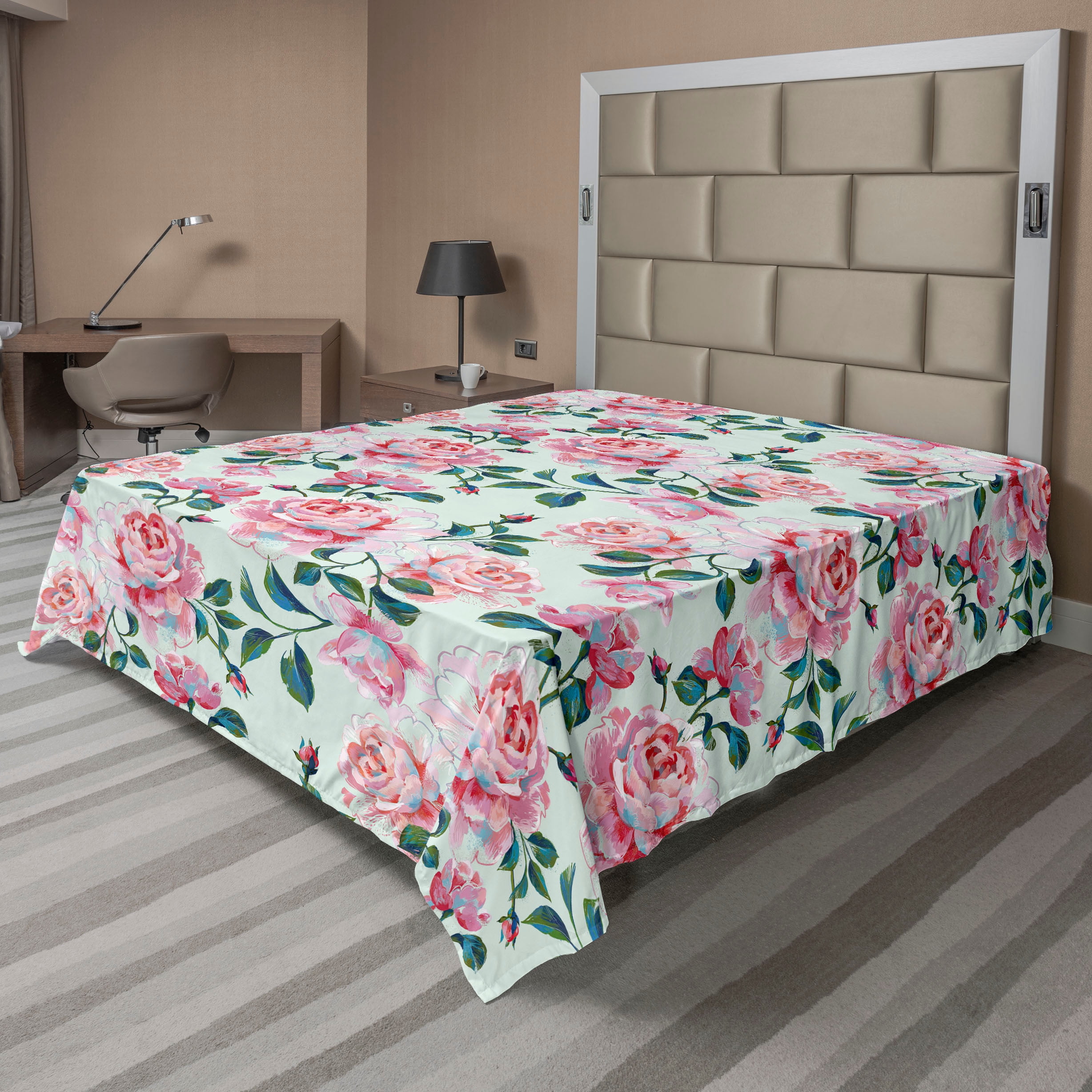 Floral Aquarelle Flat Sheet, Spring Garden Scene Rose Flowers Pattern ...